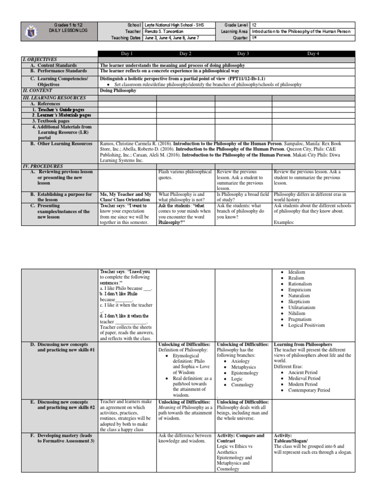Daily Lesson Log: Philosophy Grade 12 | PDF | Epistemology ...