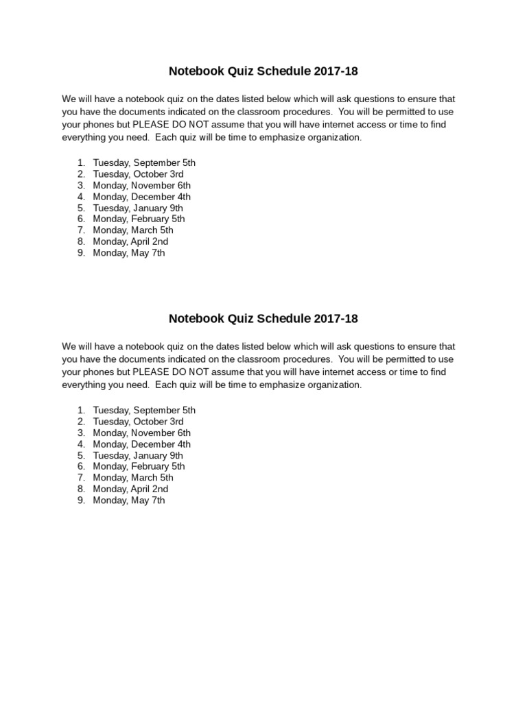 Student Notebook Quiz Dates | PDF | Career & Growth