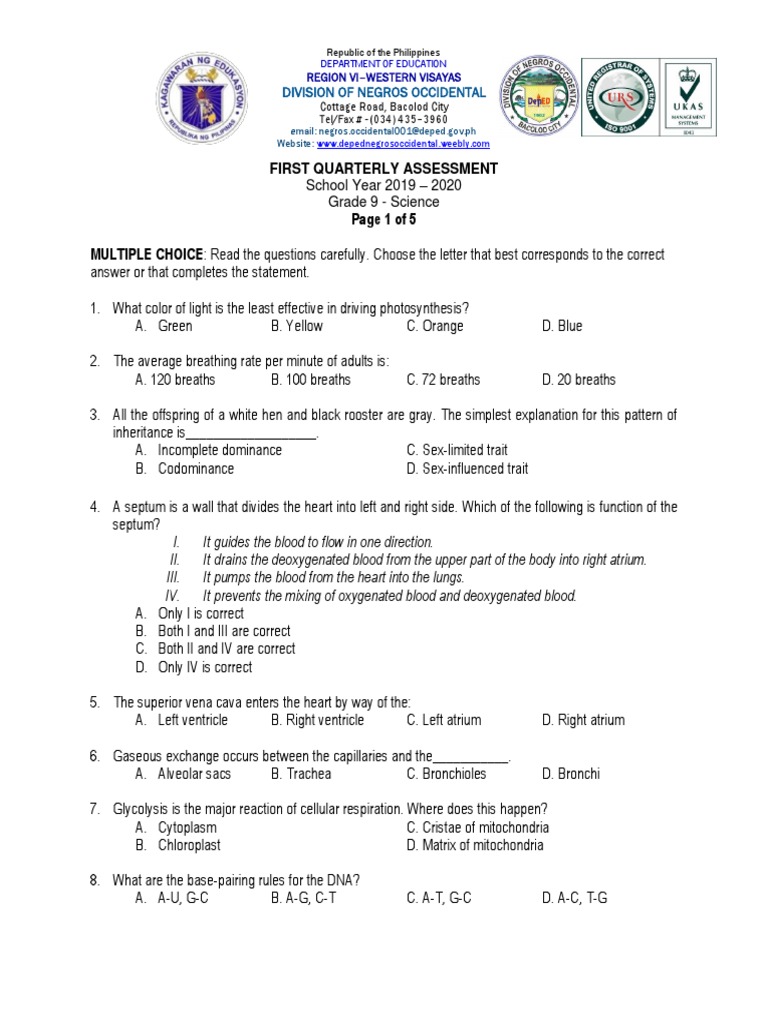 Grade 9 Science 1st Quarter Exam 2020 | PDF | Atrium (Heart) | Heart