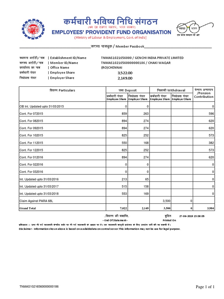 Demo of PF Passbook | PDF | Finance & Money Management