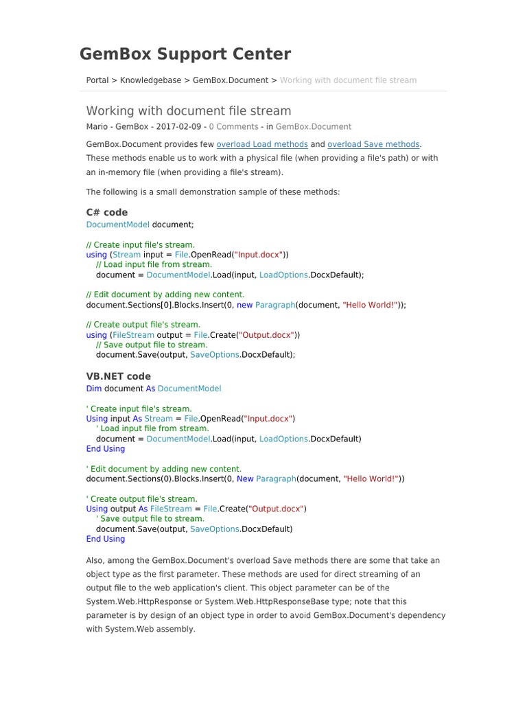 Working With Document File Stream PDF | PDF | C Sharp (Programming ...