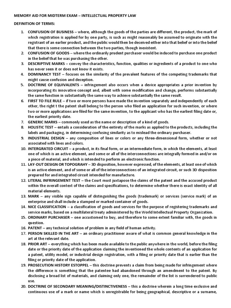 Memory Aid For Midterm Exam - Intellectual Property Law Definition of ...