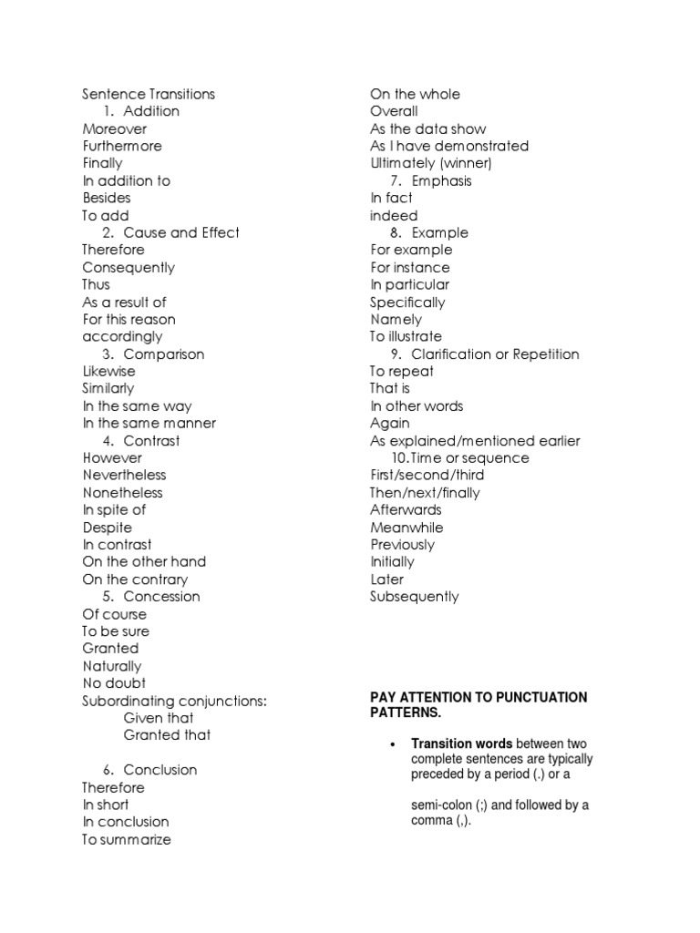 Sentence Transitions | PDF | Comma | Sentence (Linguistics)