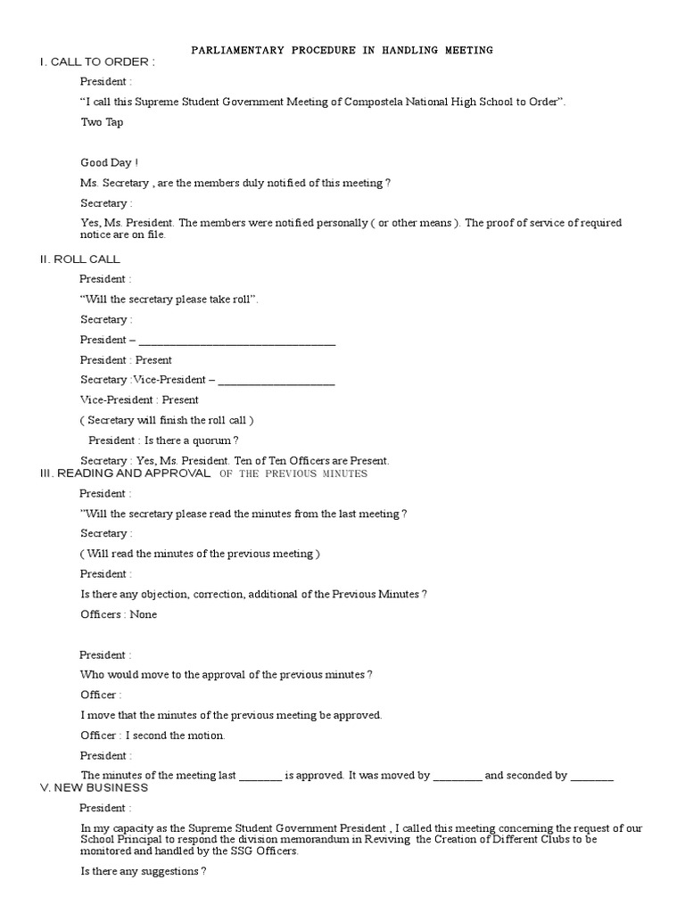 Parliamentary Procedure for Meetings | PDF | Government | Public Law
