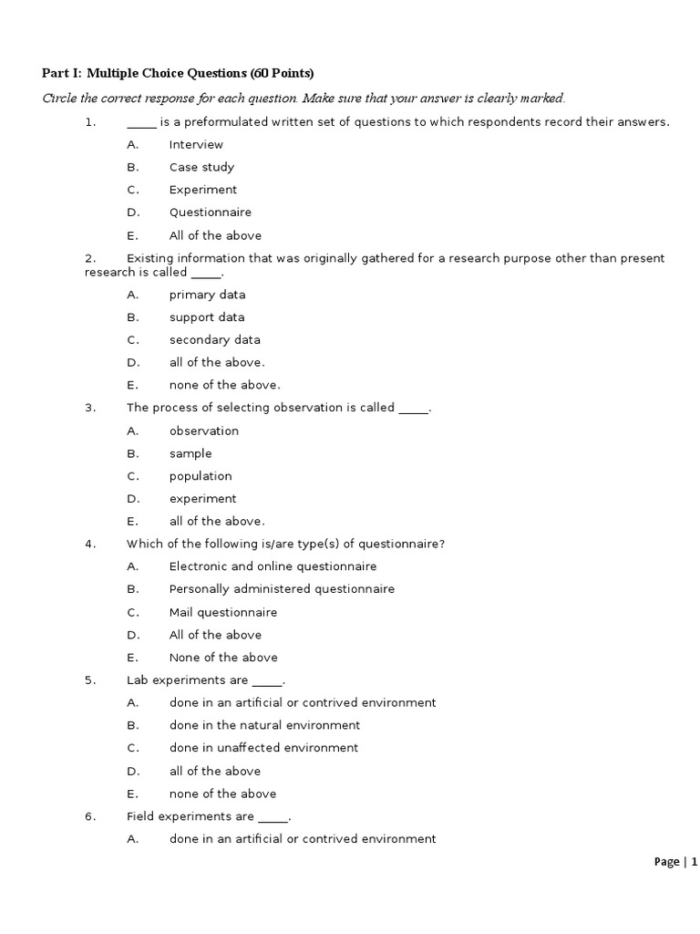 Circle The Correct Response For Each Question. Make Sure That Your ...
