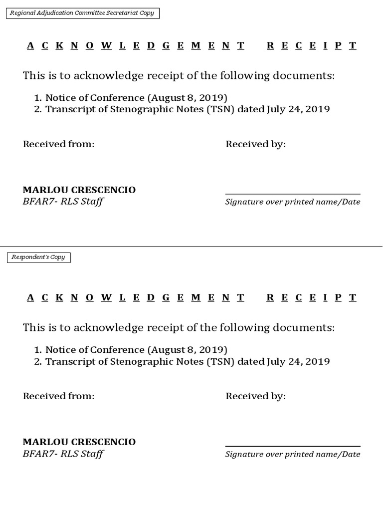 This Is To Acknowledge Receipt of The Following Documents | PDF