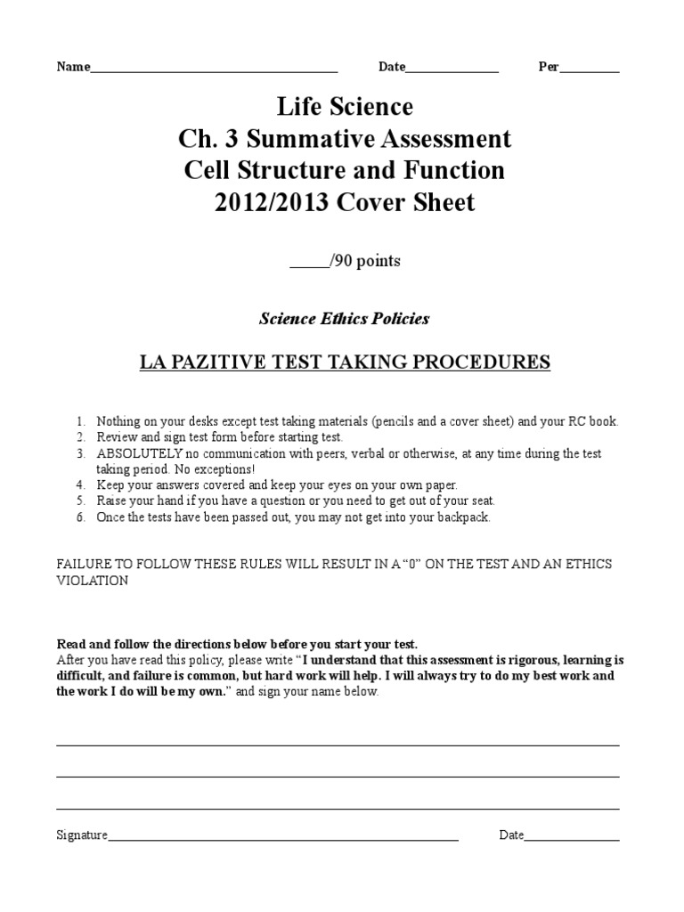 Life Science Ch. 3 Summative Assessment Cell Structure and Function ...