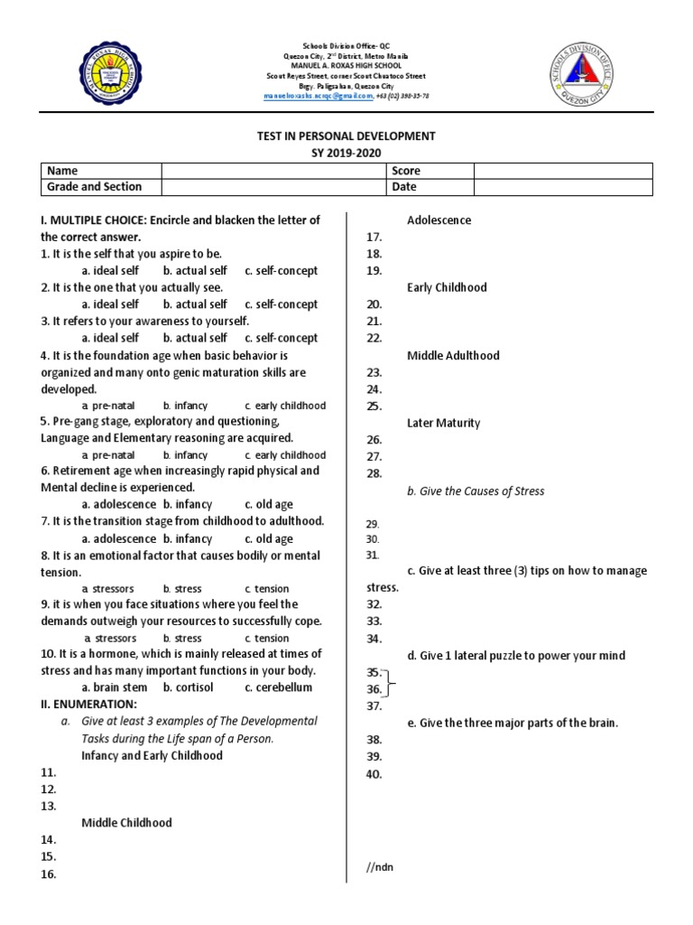 Test in Personal Development SY 2019-2020 Name Score Grade and Section ...