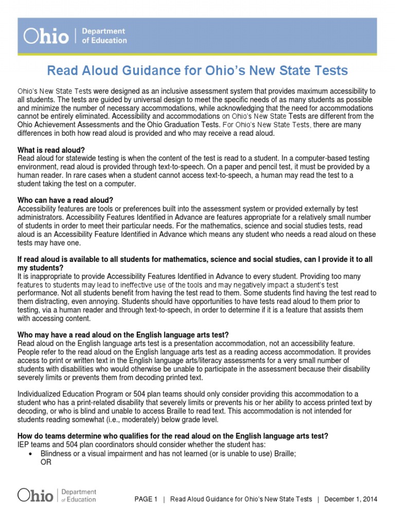 Read Aloud Guidance For Ohio's New State Tests | PDF | Individualized ...