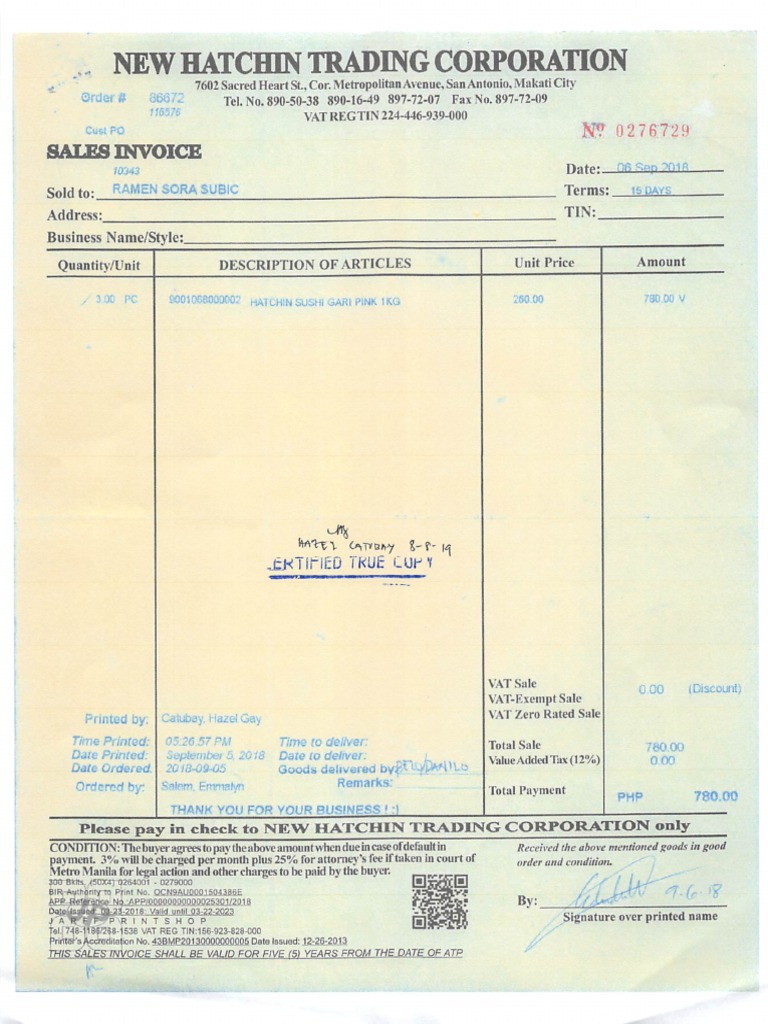 NEW Hatchin Trading Corporation: Sales Invoice | PDF | Value Added Tax ...