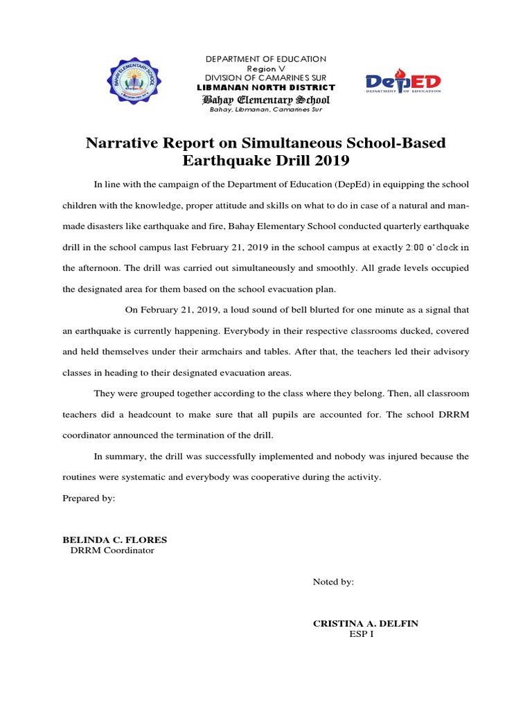 Earthquake Drill 2019 Narrative Report | PDF | Disasters | Schools