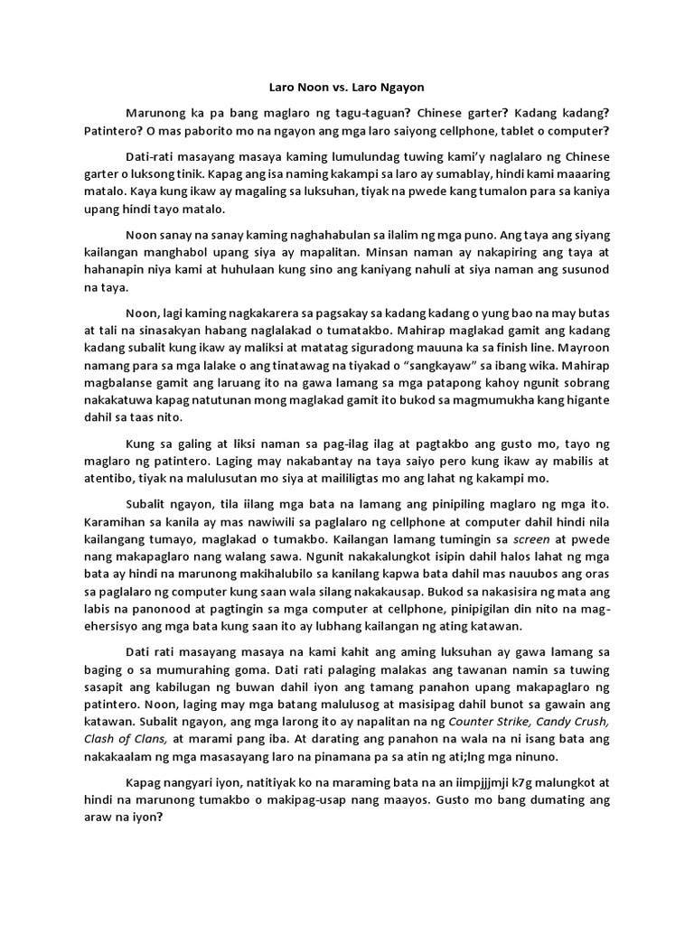 Laro Noon vs. Ngayon Lathalaindocx | PDF