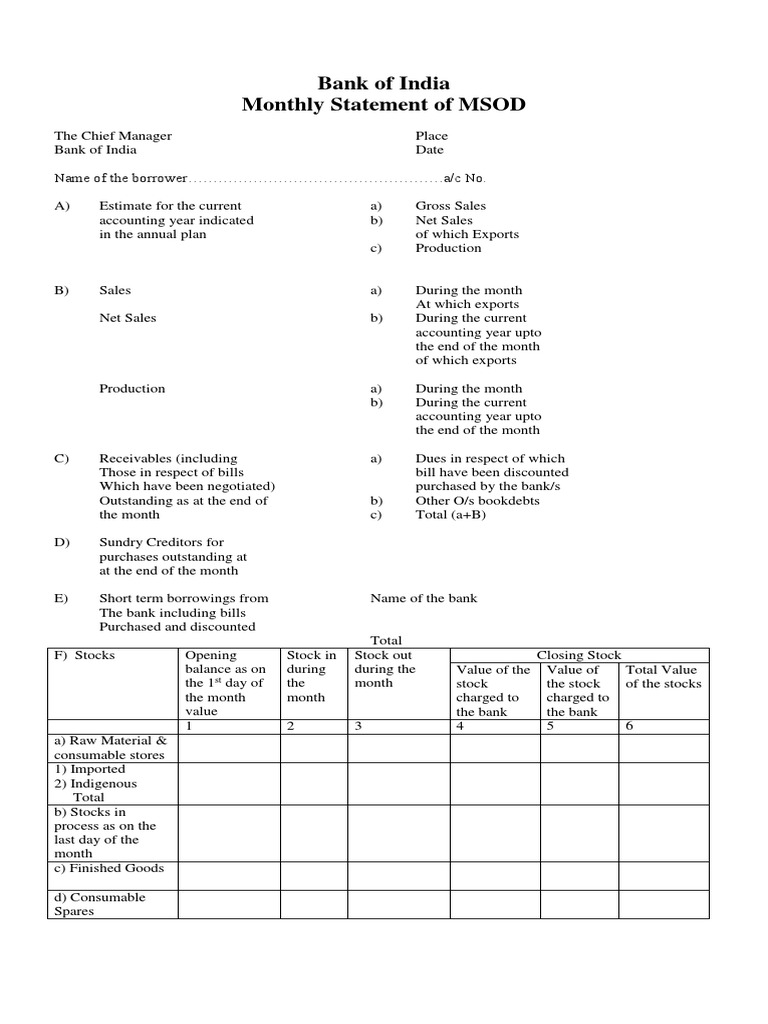 Stock - Book Debt Statement Forms | PDF | Debt | Credit