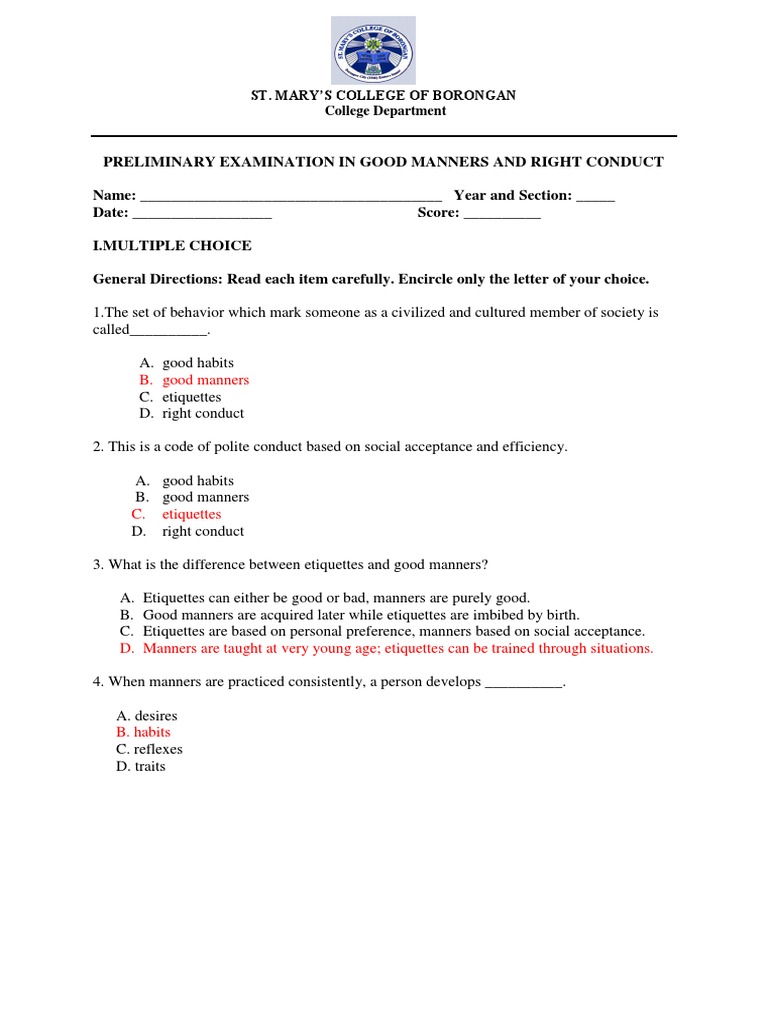 College Exam in Good Manners and Right Conduct | PDF | Etiquette ...