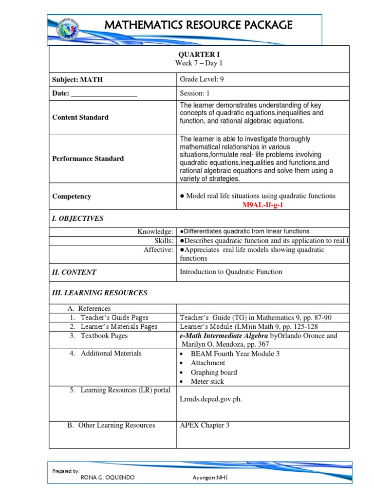 Mathematics Resource Package: Quarter I | PDF | Equations | Function ...