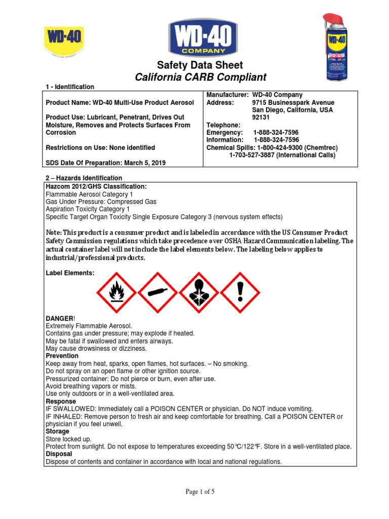 WD-40 Safety Data Sheet: CARB Compliant | PDF | Firefighting | Combustion