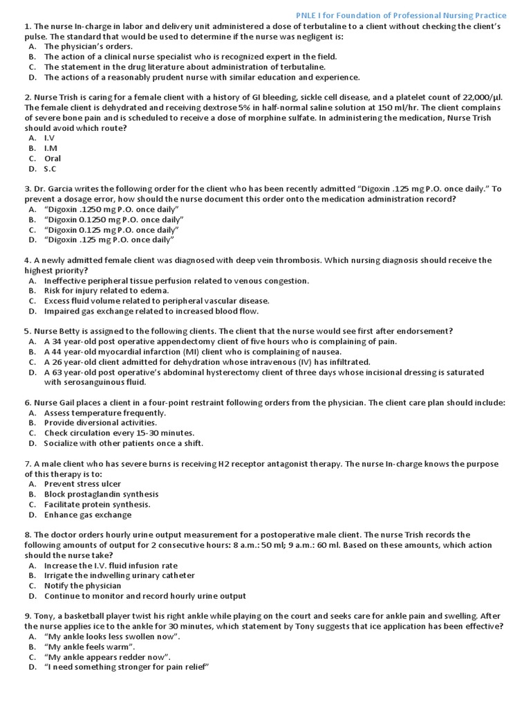 PNLE Sample Questions | PDF | Intravenous Therapy | Vein