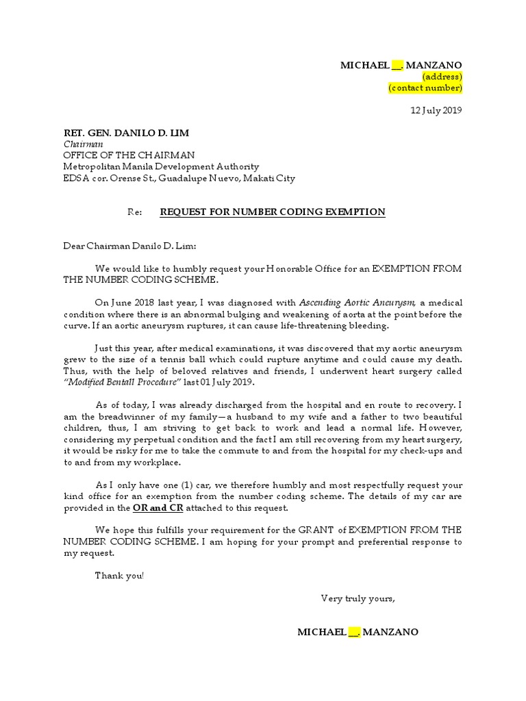 Request For Number Coding Exemption | PDF | Law