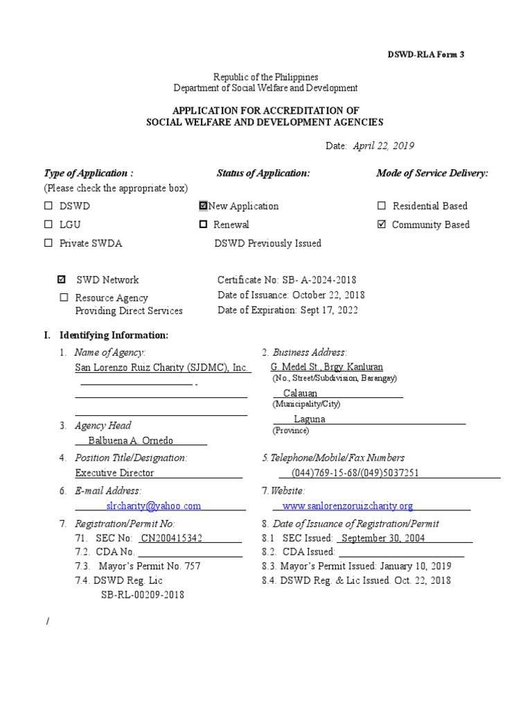 DSWD-RLA Form 3 (Application Form For Accreditation) - 3192019 | PDF | Public Sphere | Government