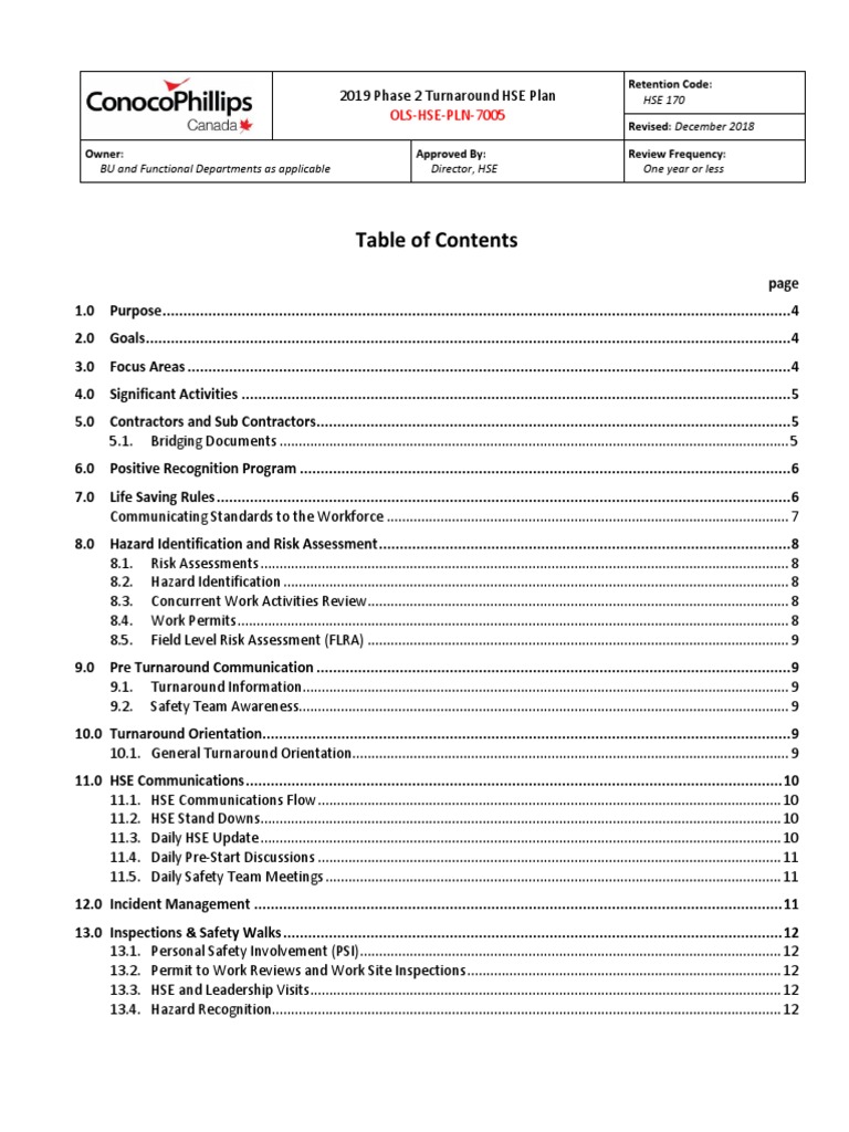 2019 Turnaround HSE Safety Plan | PDF | Risk Management | Emergency