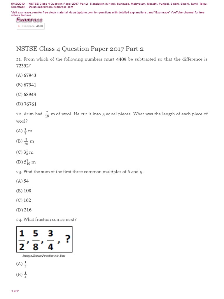 NSTSE Class 4 Question Paper 2017 Part 2 PDF | PDF | Soil | Water