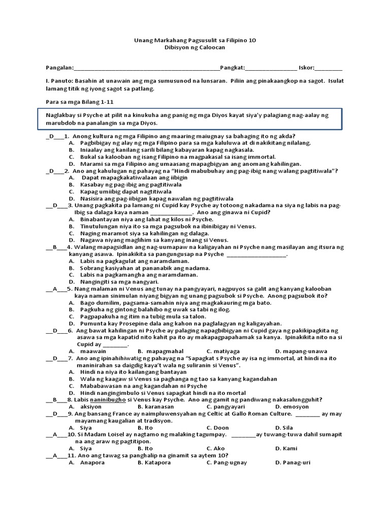 Fil 10 Unang Markahan Answer Key | PDF