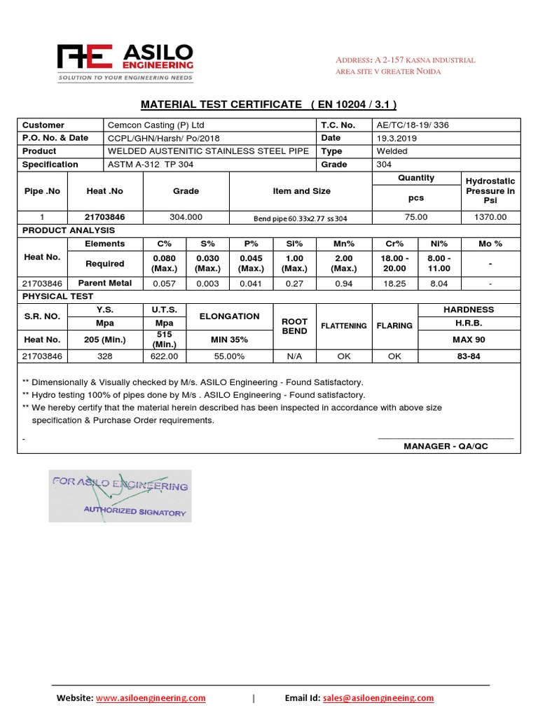 Material Test Certificate (En 10204 / 3.1) : A A 2-157 N U P, I ...