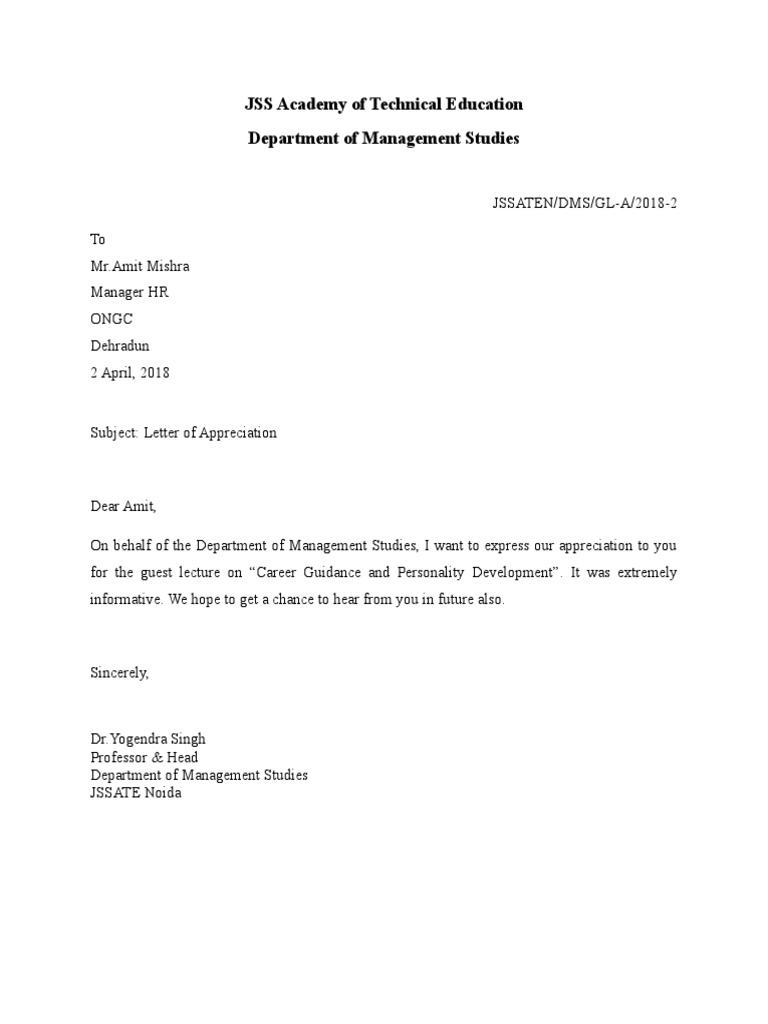 Appreciation Letter Guest Lectures | PDF
