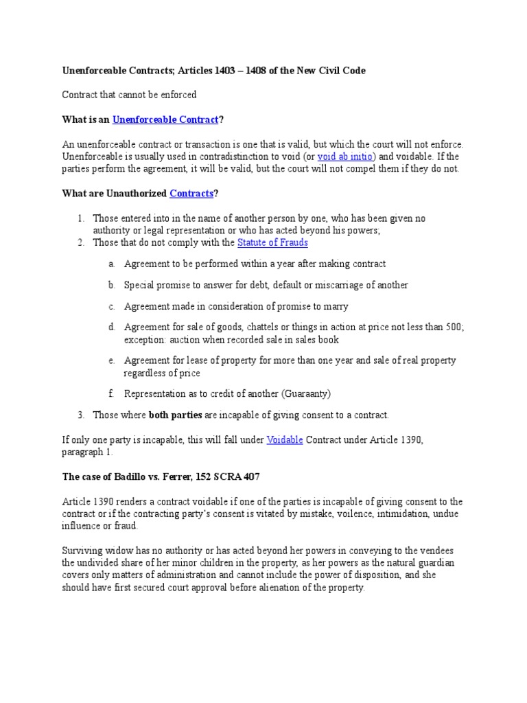Unenforceable Contract: Unenforceable Contracts Articles 1403 - 1408 of ...