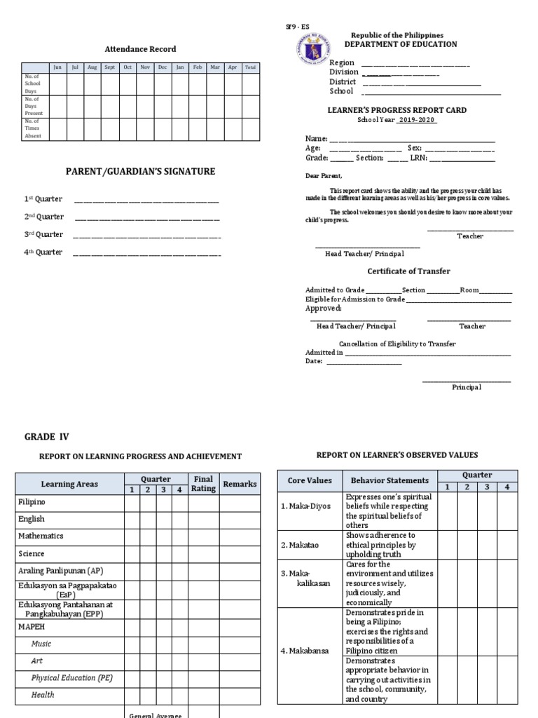 SF 9 - ES ( (Learner's Progress Report Card) | PDF | Learning | Cognition