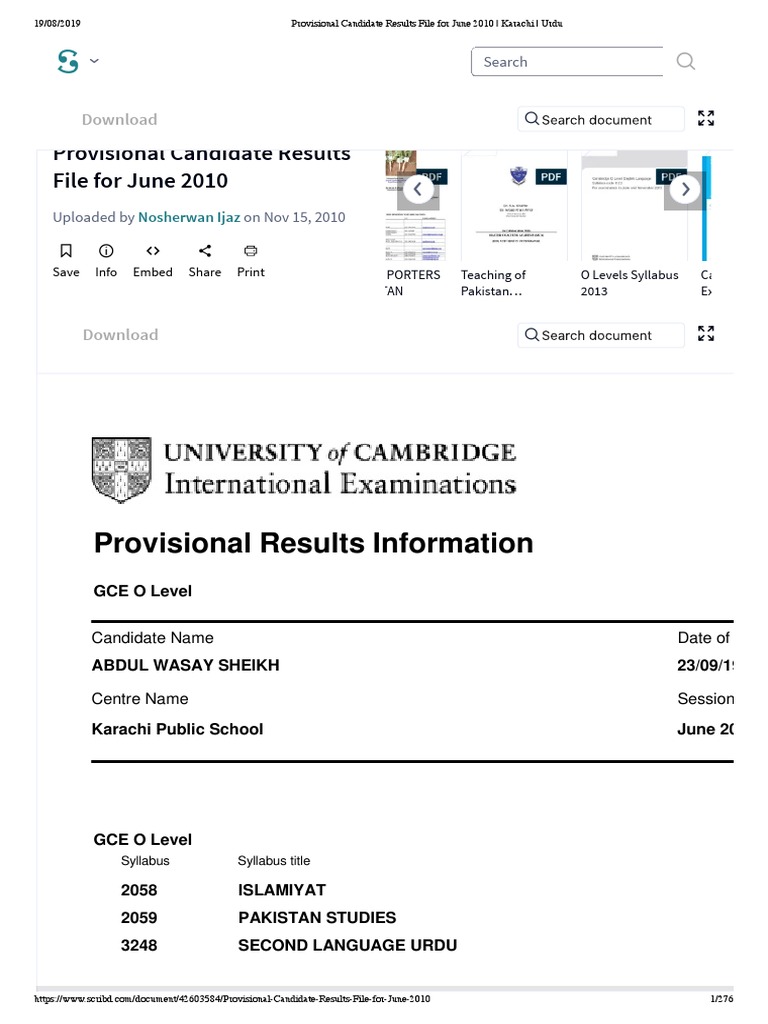 Provisional Candidate Results File For June 2010 - Karachi - Urdu | PDF ...