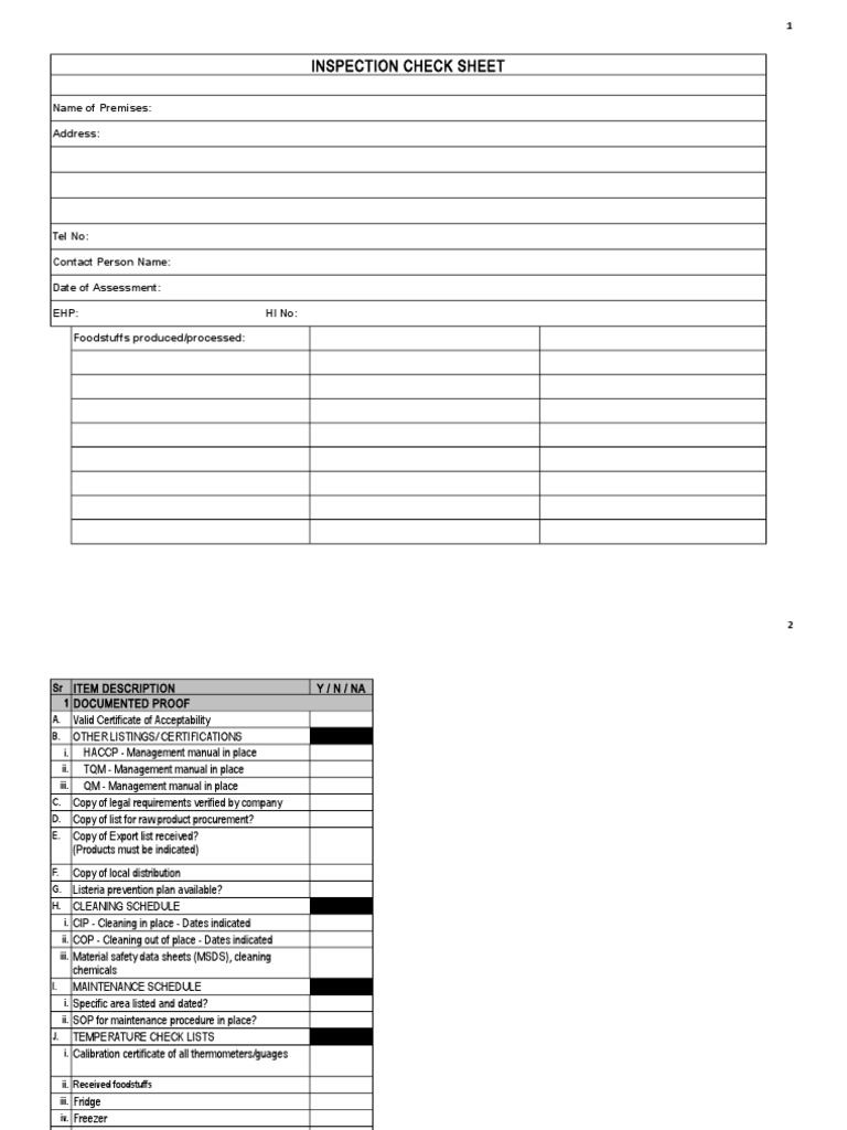 Inspection Check Sheet: Name of Premises: Address | PDF | Refrigerator ...