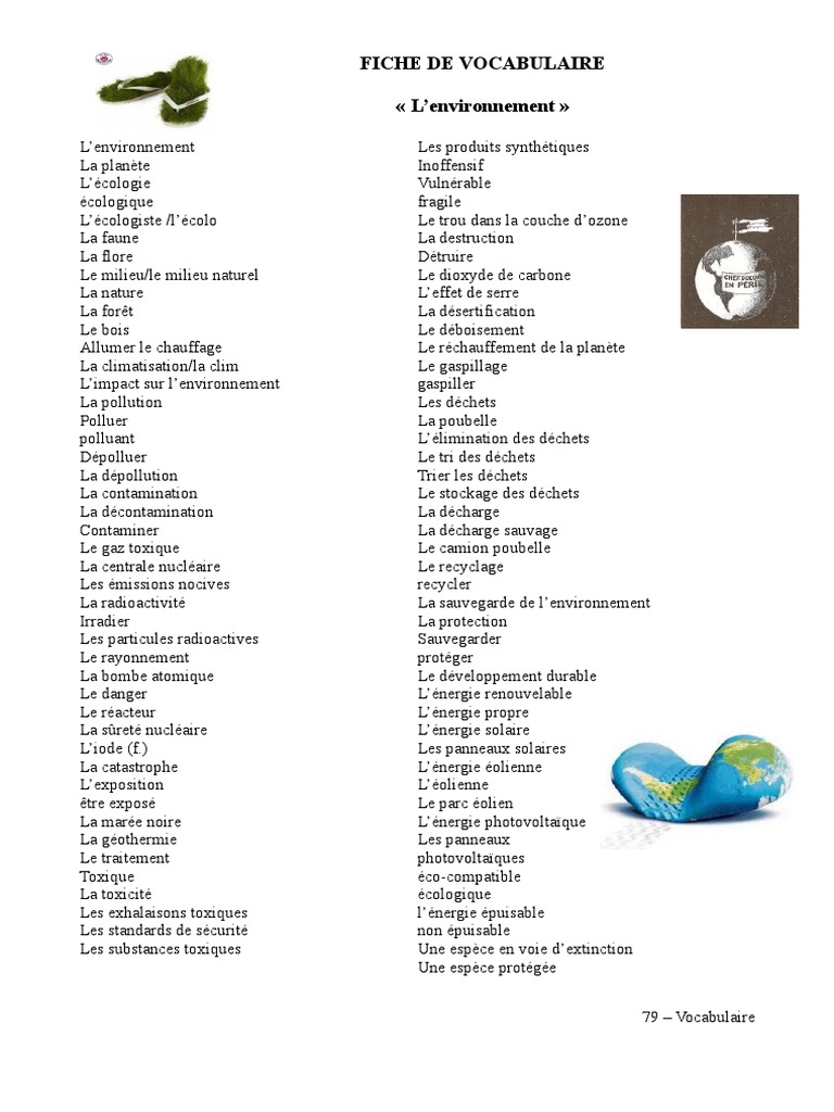 79-V Fiche de Vocabulaire - L'environnement N | PDF | Environnement ...