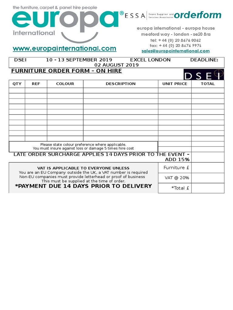 Furniture Order Form - On Hire | PDF | Payments | Service Industries