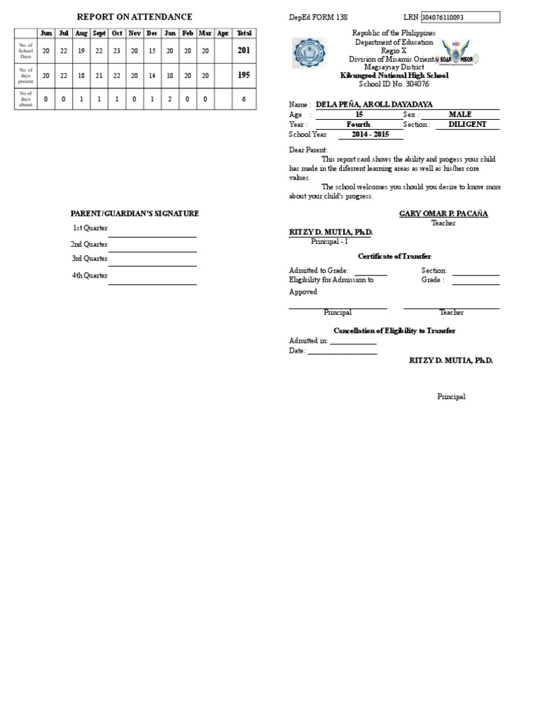 Form 138 Format | PDF | Behavior Modification | Learning