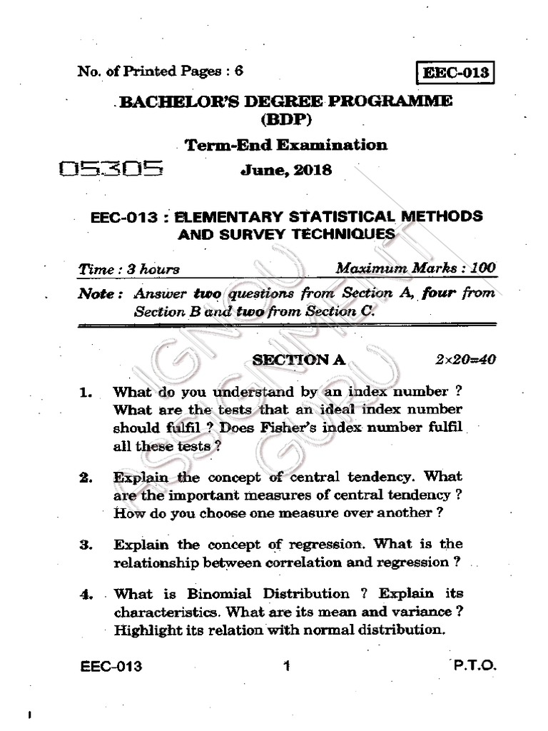 Eec-013: Elementary Statistical Methods and Survey Techniques | PDF ...
