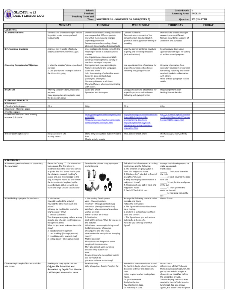 DLL - English 5 - Q3 - W5 | PDF | English Language | Mood (Psychology)