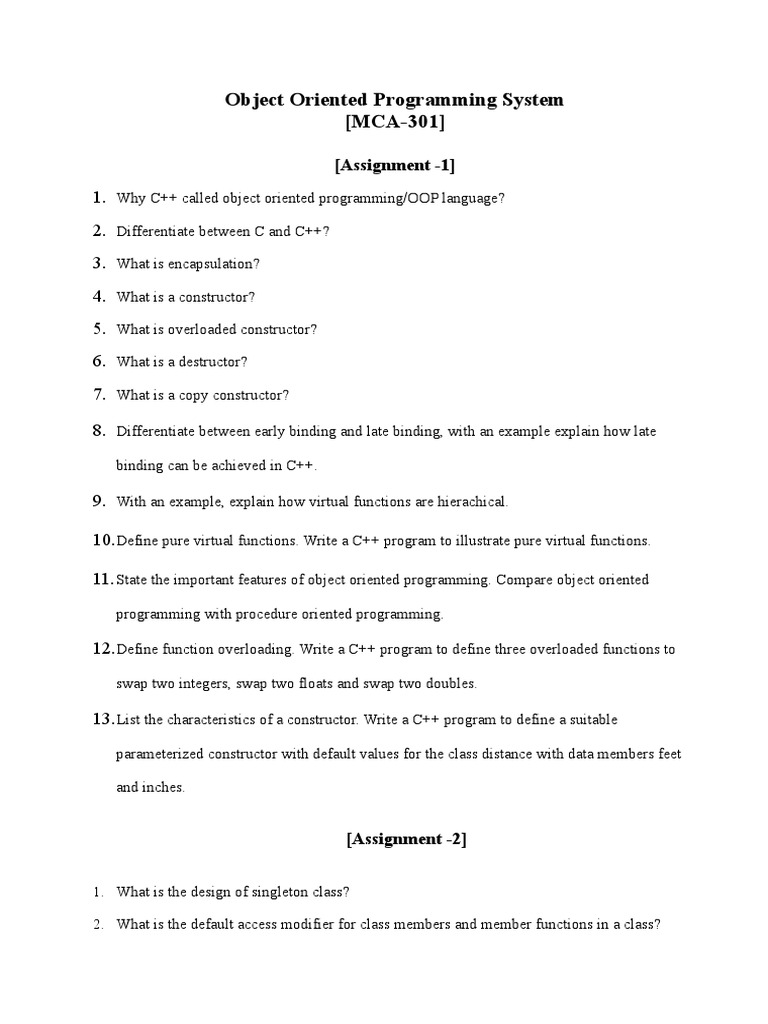 Object Oriented Programming System (MCA-301) : (Assignment - 1) | PDF | C++ | Method (Computer ...