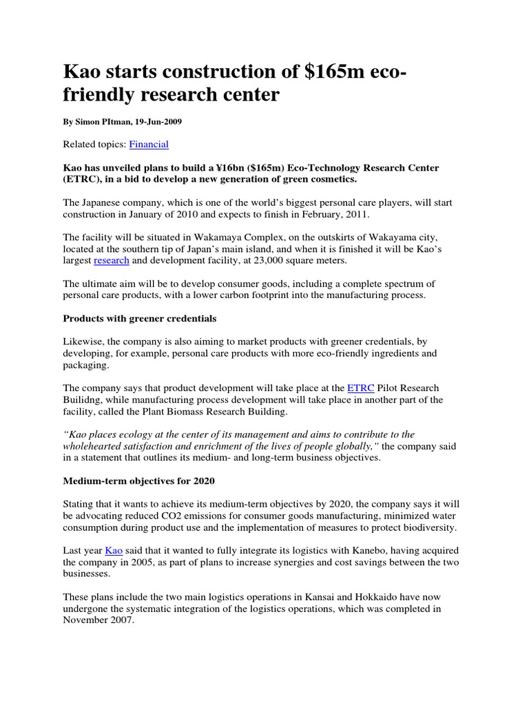Kao Starts Construction of Dollars 165m Ecofriendly Research Center ...