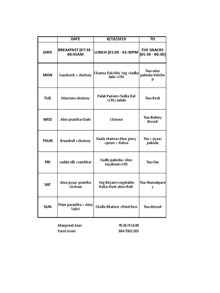 Food Menu 19aug - 25 Aug ..Final | PDF | Cooking, Food & Wine