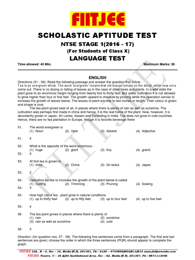 Scholastic Aptitude Test | PDF | Tea | Syntax