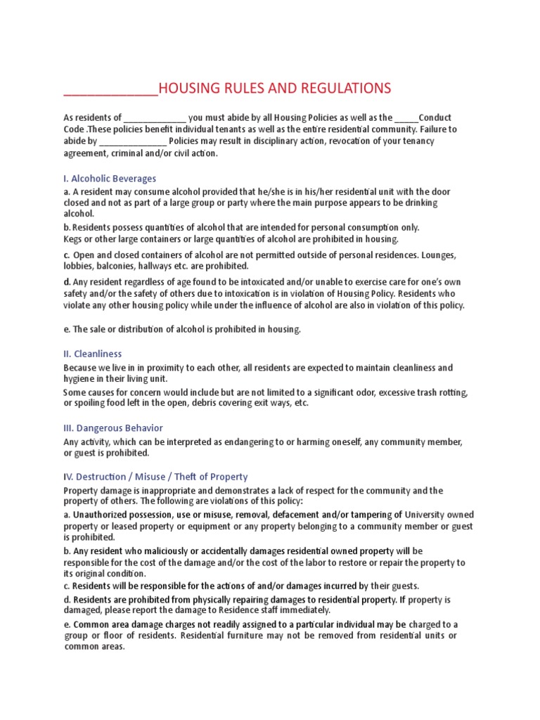 Housing Rules and Regulations: I. Alcoholic Beverages | PDF | Fire ...