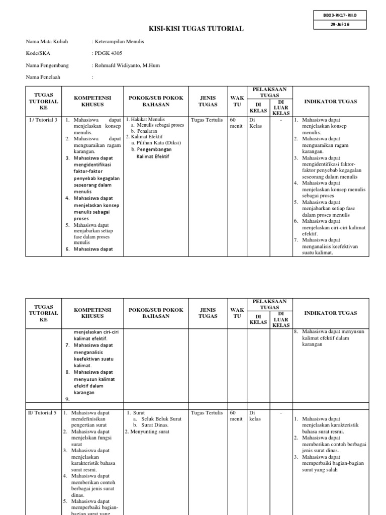 Kisi-Kisi Tugas Tutorial | PDF