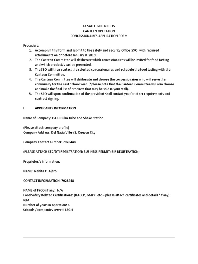 Canteen Concessionaire Application Form | PDF | Food And Drink ...