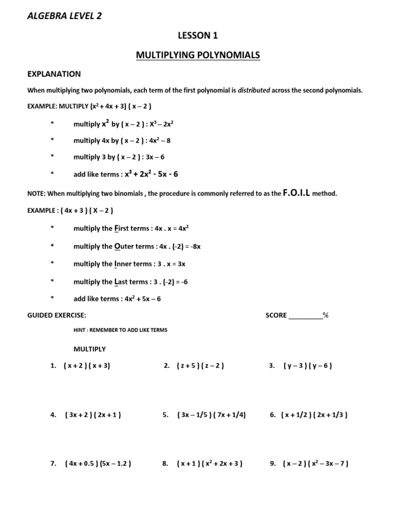 Lesson 1 Multiplying Polynomials: Algebra Level 2 | PDF | Polynomial ...