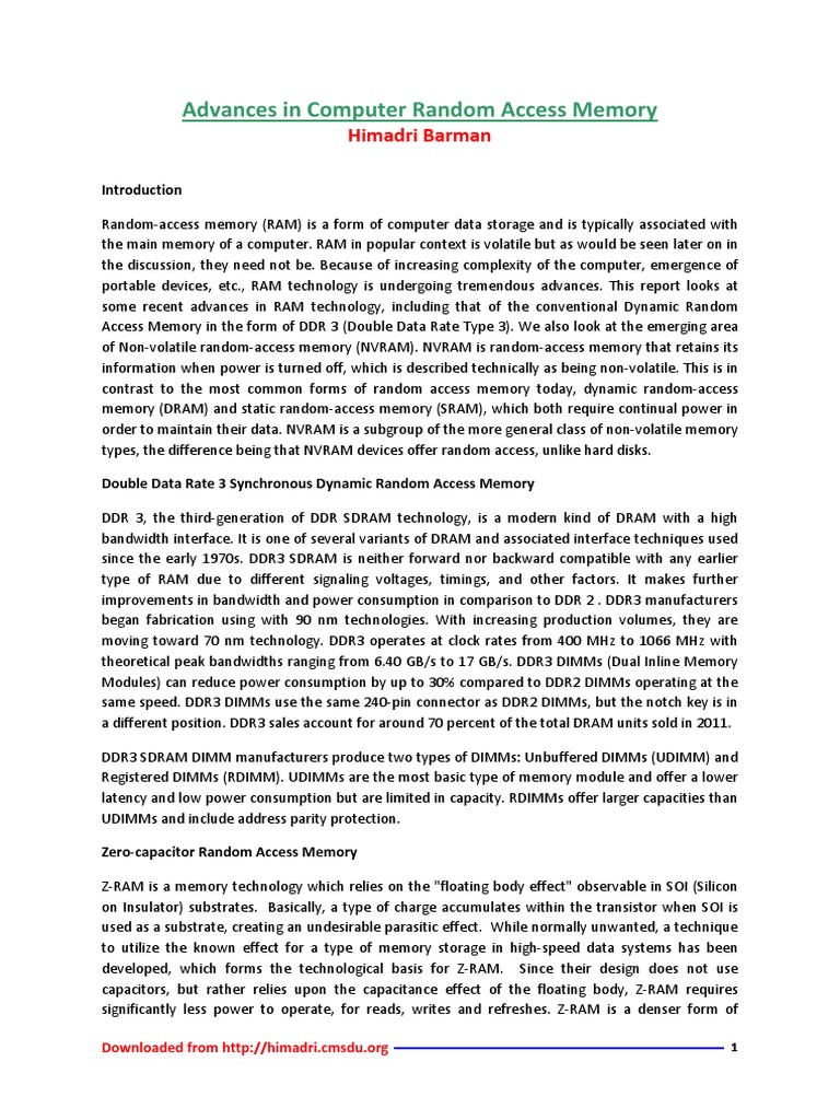 Advances Computer Memory | PDF | Dynamic Random Access Memory | Random Access Memory