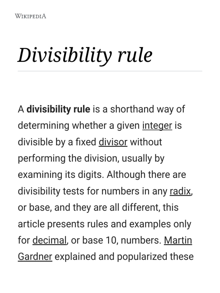 Divisibility Rule - Wikipedia | PDF | Prime Number | Elementary Mathematics