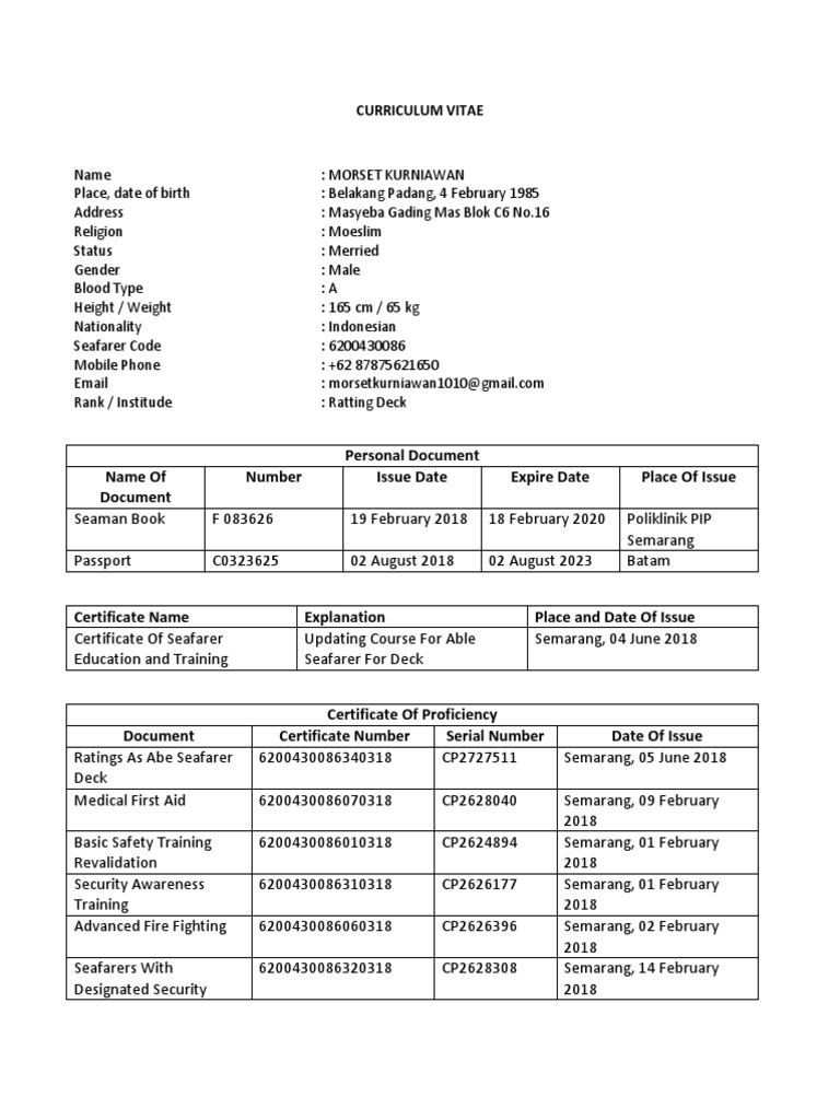 A Comprehensive Curriculum Vitae of an Experienced Indonesian Seafarer ...