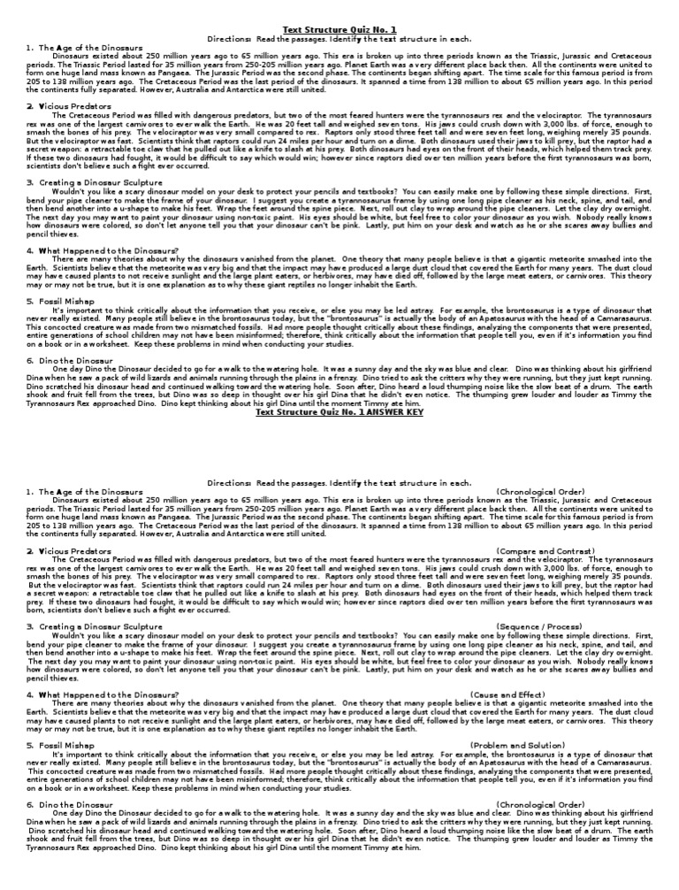 Text Structure Quiz 1 | PDF | Dinosaurs | Tyrannosaurus