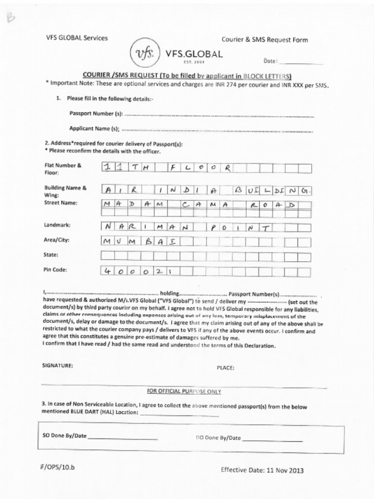 VFS Courier Form - Mumbai | PDF
